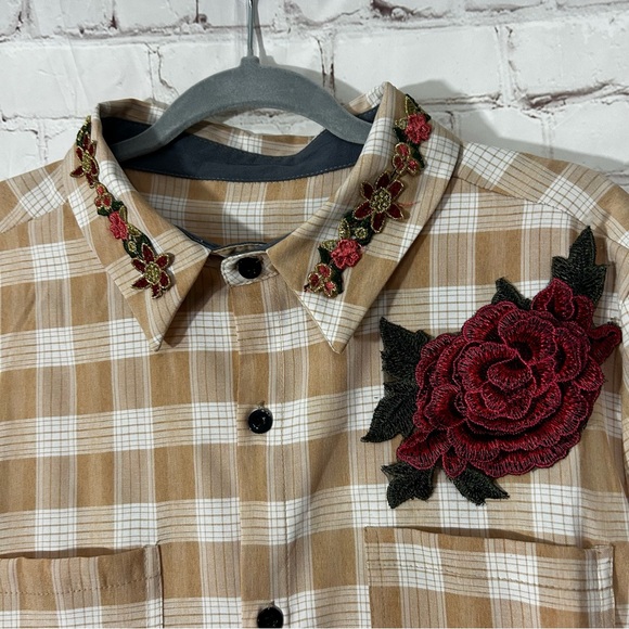 Tops | Boho Chic Beige Plaid Shirt Featuring A Floral Patch Size X L ...